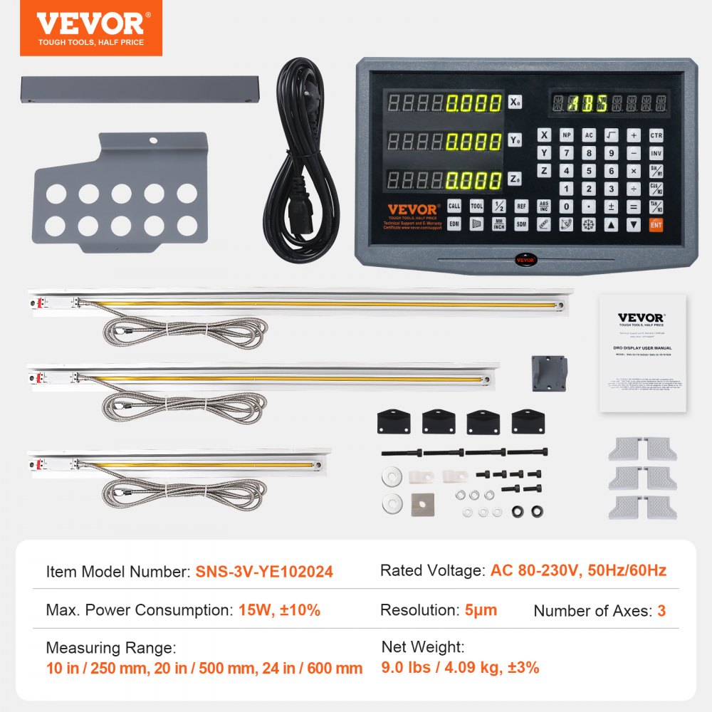 VEVOR Digital Readout, 250 mm & 500 mm & 600 mm, Linear Scale 3 Axis ...