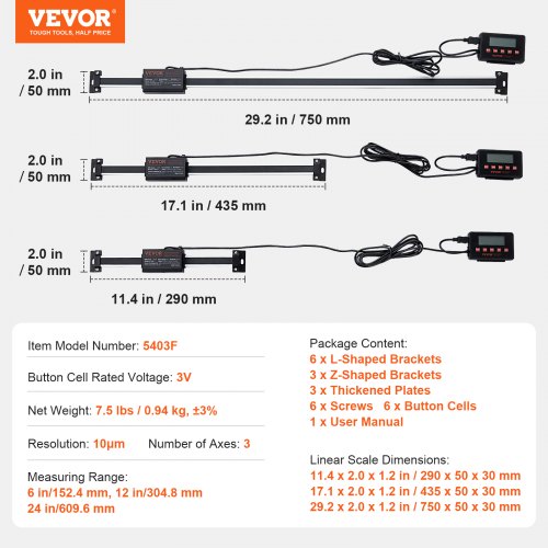 VEVOR Digital Readout, 6'' & 12'' & 24'', Linear Scale 3 Axis DRO ...