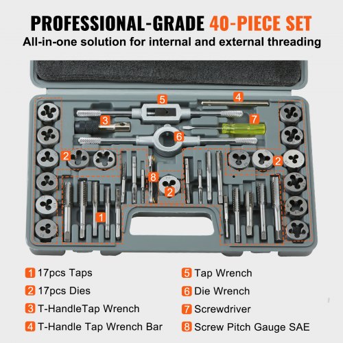 VEVOR Tap and Die Set, 40-Piece Include SAE Size NC/NF/NPT, Bearing ...