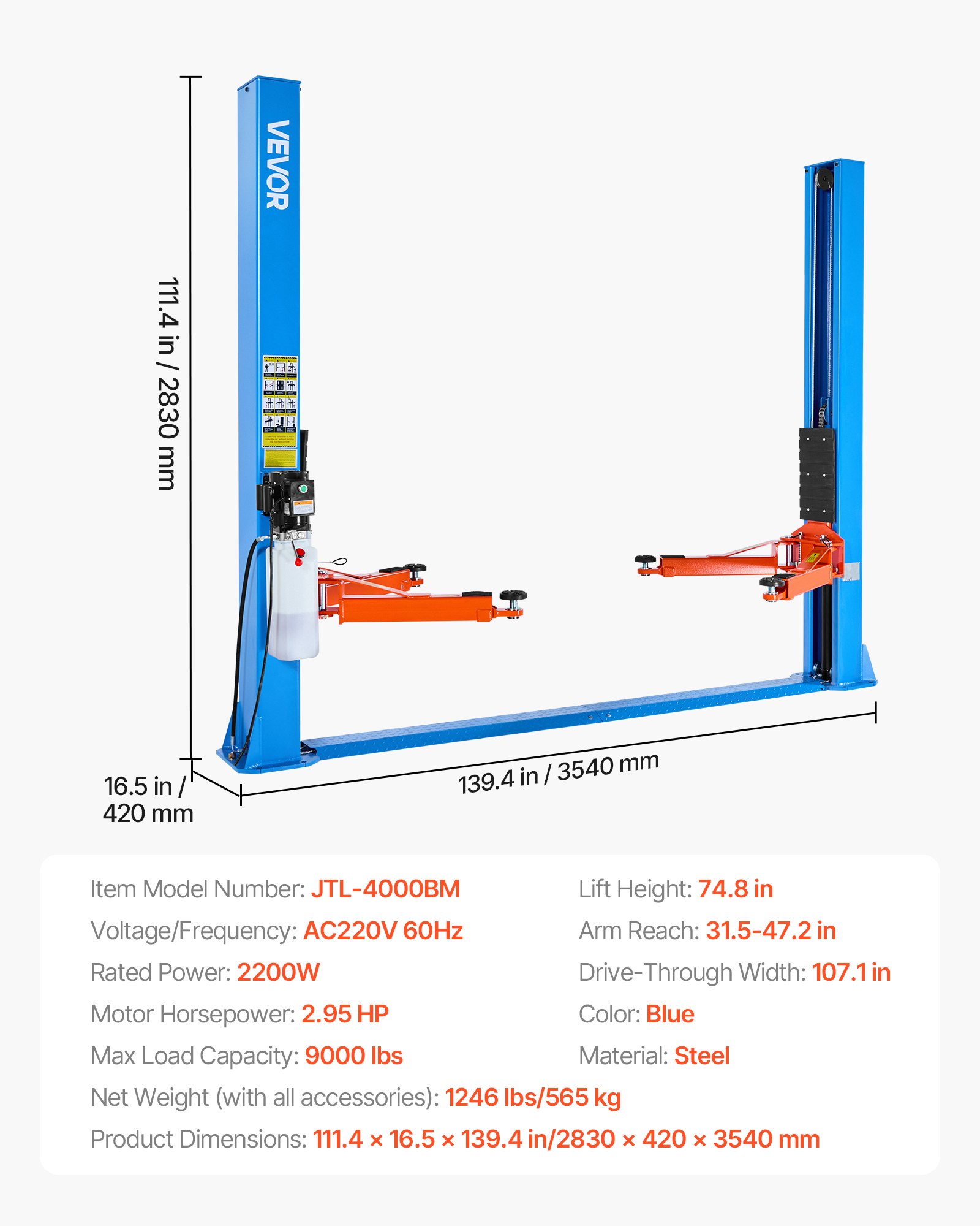 VEVOR 2 Post 9000 Pound Lift – 220V 2.95 HP Auto Hoist