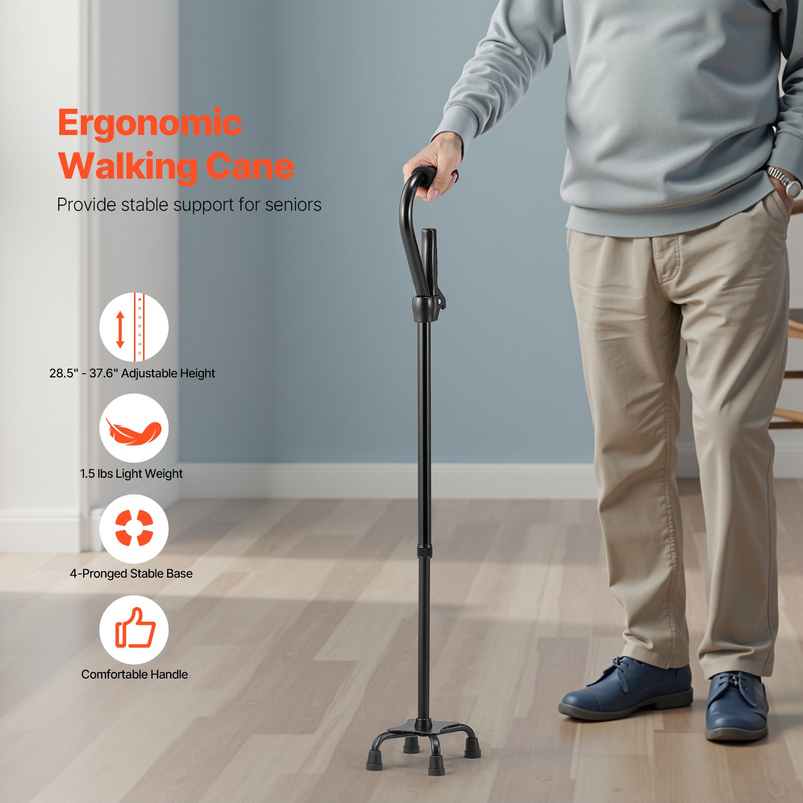 VEVOR Four Pronged Walking Stick – 10-Level, Aluminum Alloy