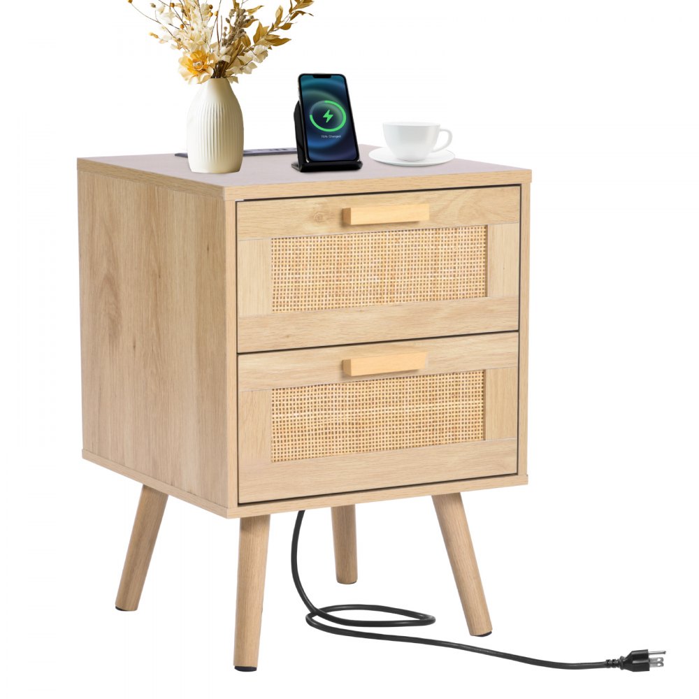 VEVOR Rattan Nightstand, Boho Bedside Table with 2 Drawers, Rattan End ...