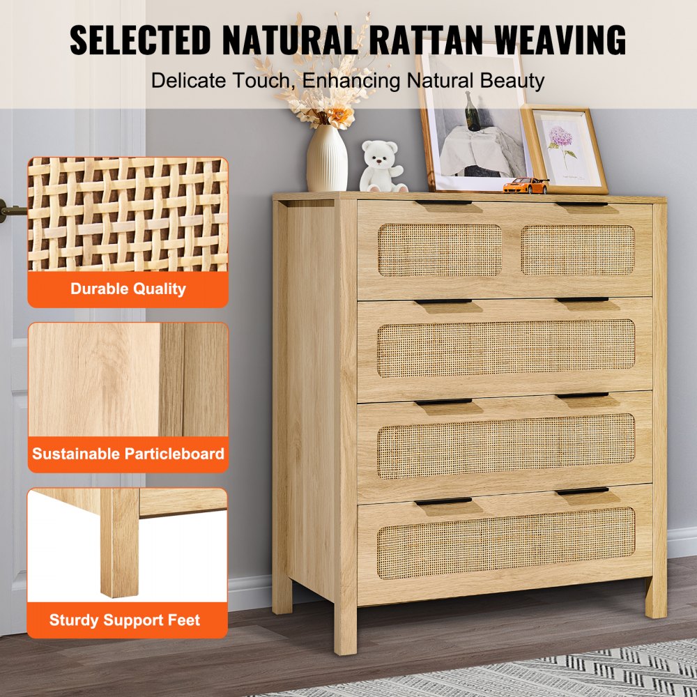 VEVOR 4 Drawer Rattan Dresser, Boho Dresser, Rattan Chest of Drawers ...