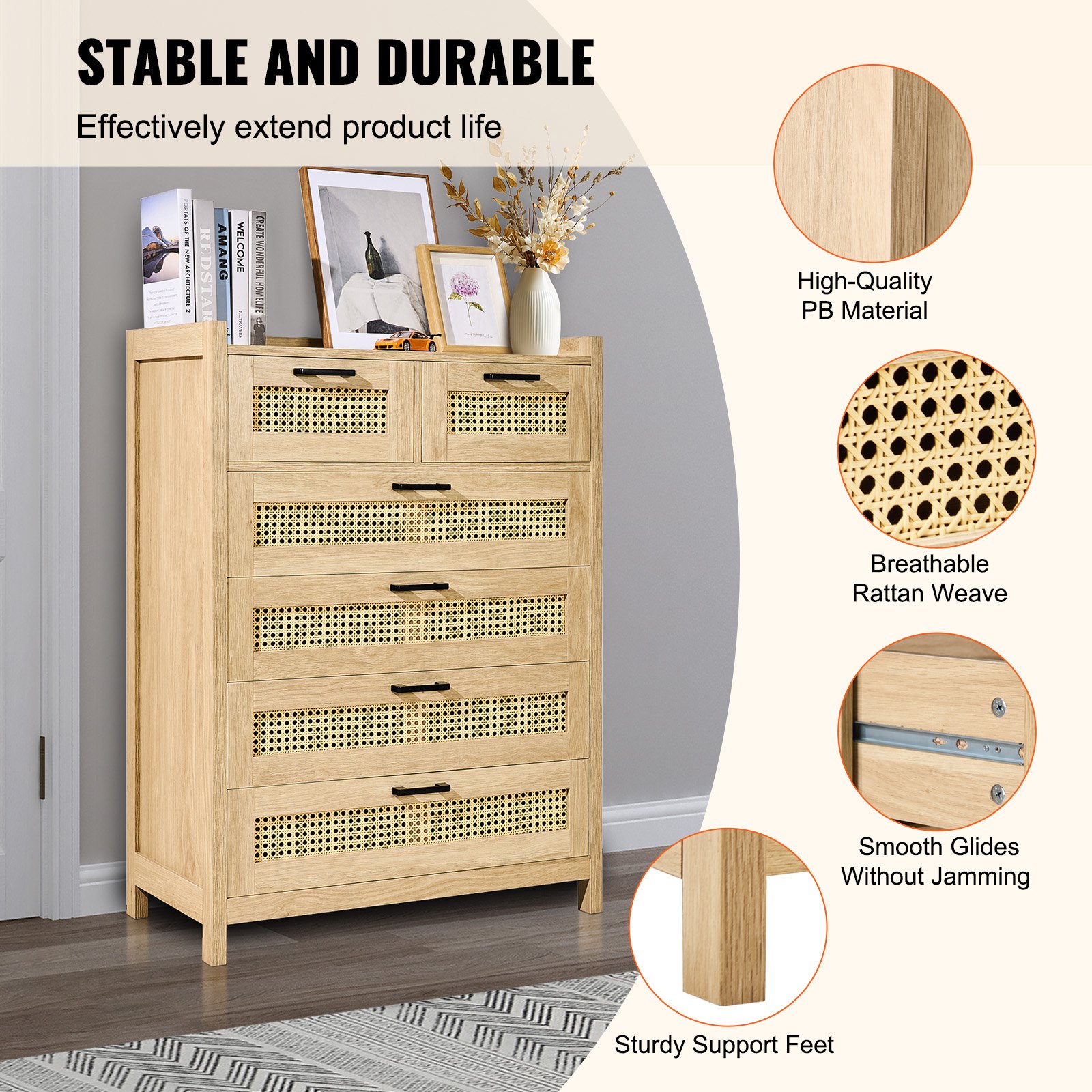 VEVOR 5 Drawer Rattan Dresser, Boho Dresser, Rattan Chest of Drawers ...