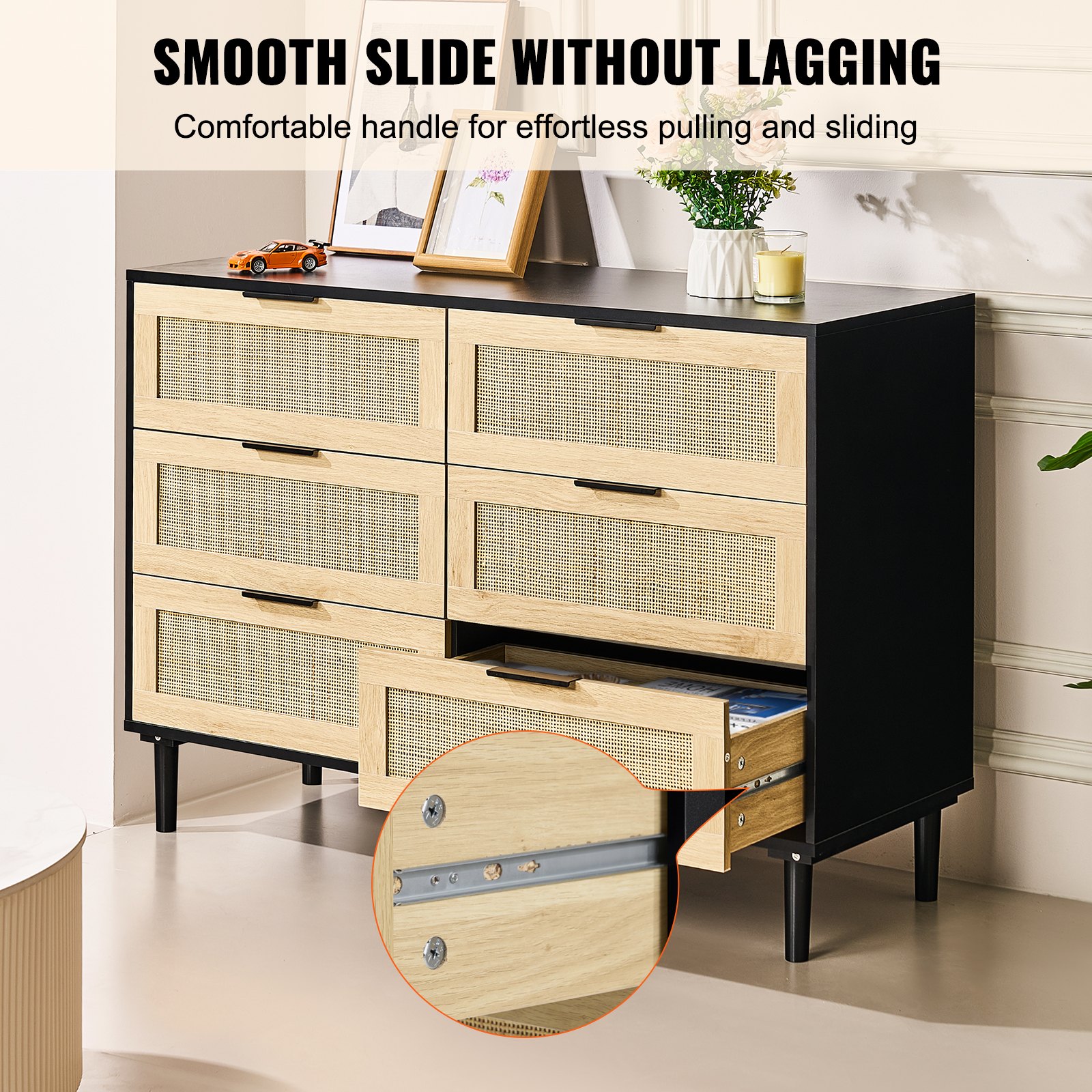 VEVOR 6 Drawer Rattan Dresser, Natural Rattan Closet Dresser with 6 ...