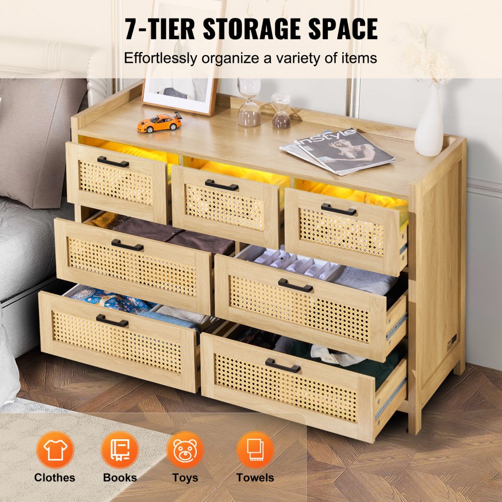 VEVOR 7 Drawer Rattan Dresser, Boho Dresser, Rattan Chest of Drawers ...