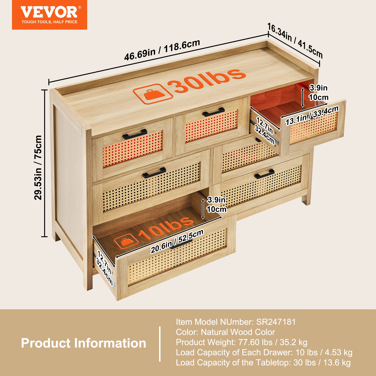VEVOR 7 Drawer Rattan Dresser, Boho Dresser, Rattan Chest of Drawers ...