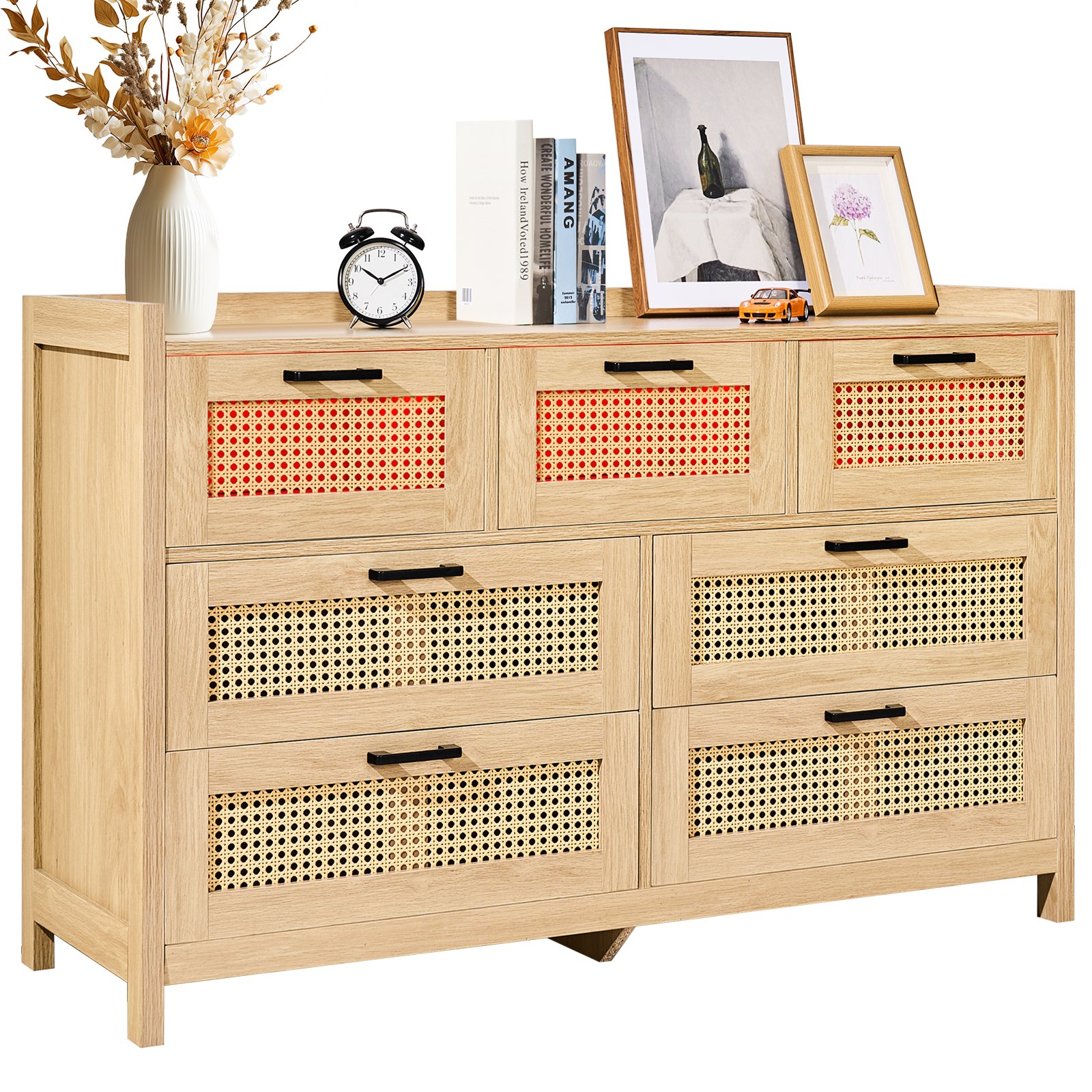 VEVOR 7 Drawer Rattan Dresser, Boho Dresser, Rattan Chest of Drawers ...