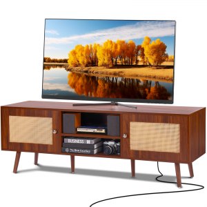 VEVOR Rattan TV Stand for 65" TV Boho TV Stand with Build-in Socket ...