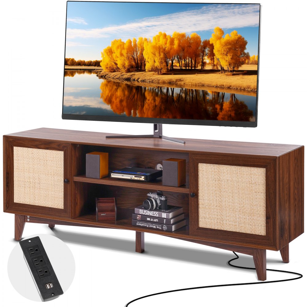VEVOR Rattan TV Stand for 75in TV, Boho TV Stand with Rattan Door ...