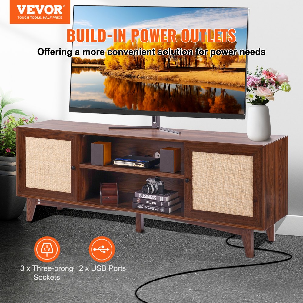 VEVOR Rattan TV Stand for 75in TV, Boho TV Stand with Rattan Door ...