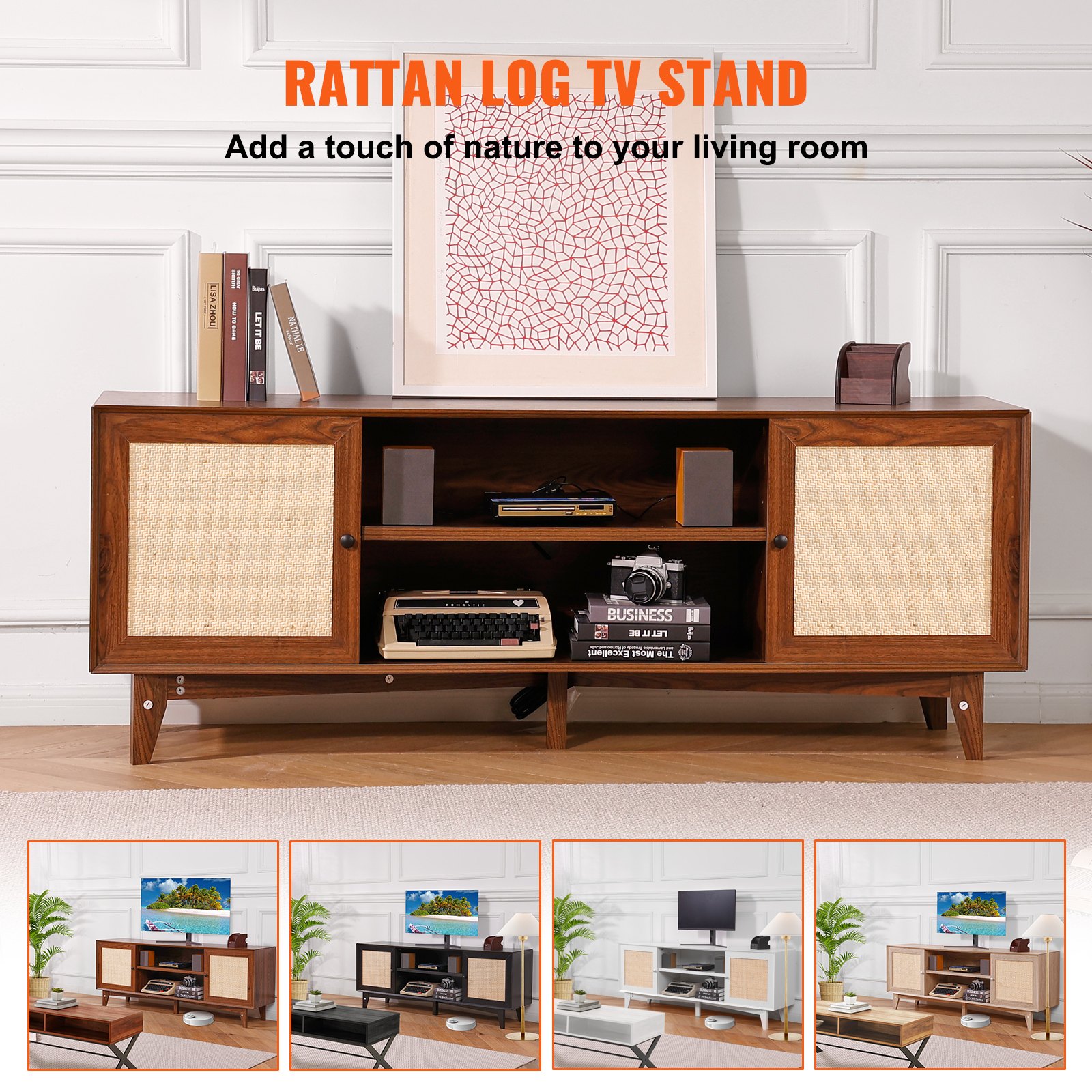VEVOR Rattan TV Stand for 75in TV, Boho TV Stand with Rattan Door ...