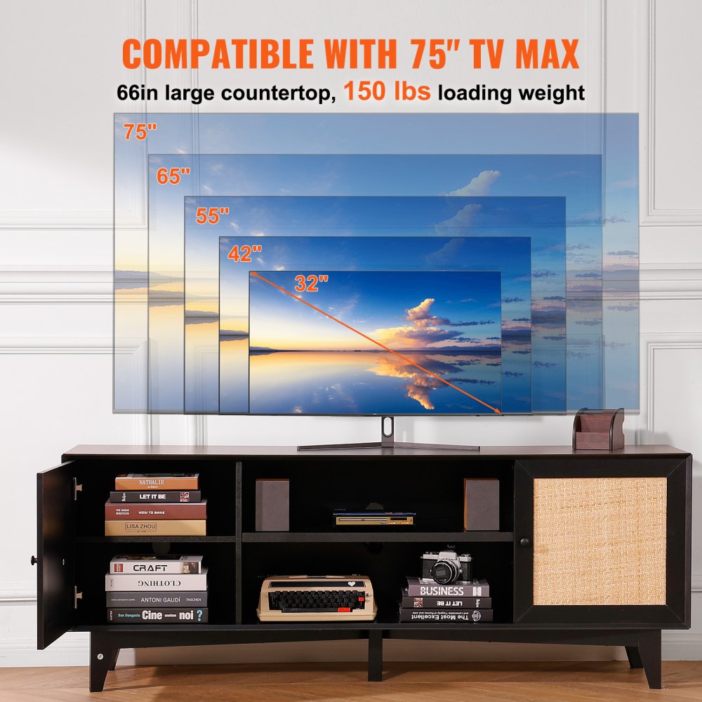 VEVOR Rattan TV Stand for 75in TV, Boho TV Stand with Rattan Door ...