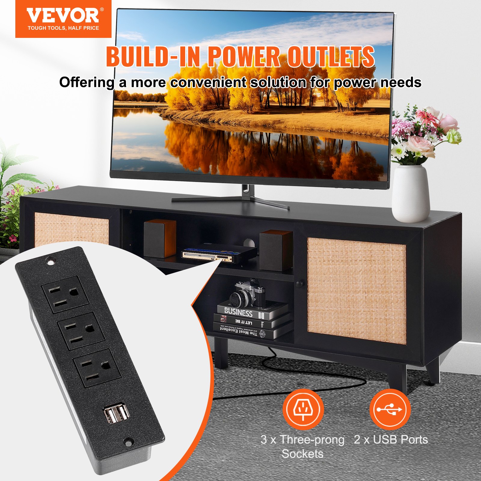 VEVOR Rattan TV Stand for 75in TV, Boho TV Stand with Rattan Door ...