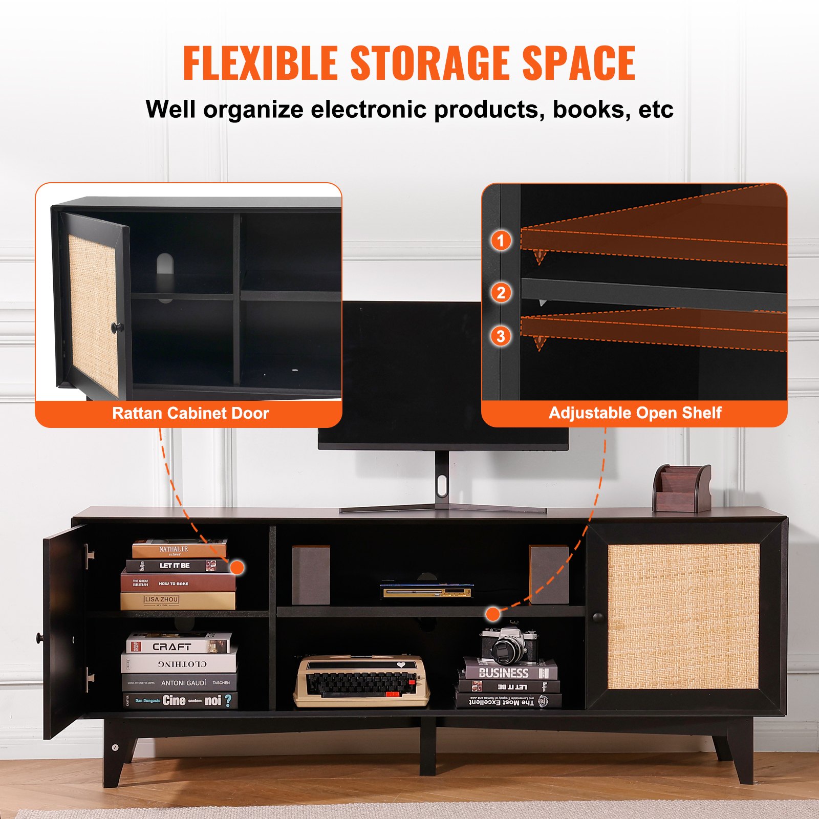 VEVOR Rattan TV Stand for 75in TV, Boho TV Stand with Rattan Door ...