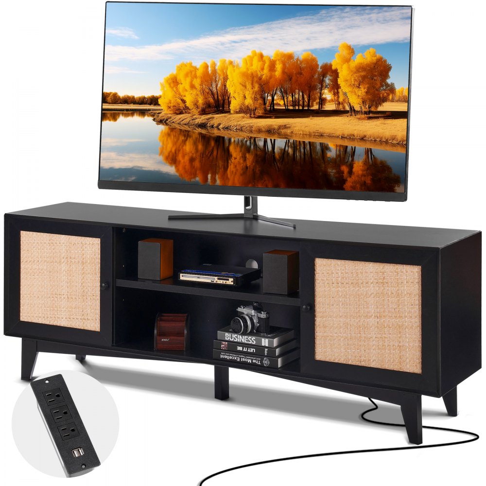 VEVOR Rattan TV Stand for 75" TV Boho TV Stand with Build-in Socket ...