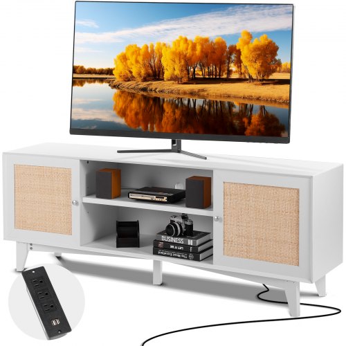 VEVOR Rattan TV Stand for 75in TV, Boho TV Stand with Rattan Door ...