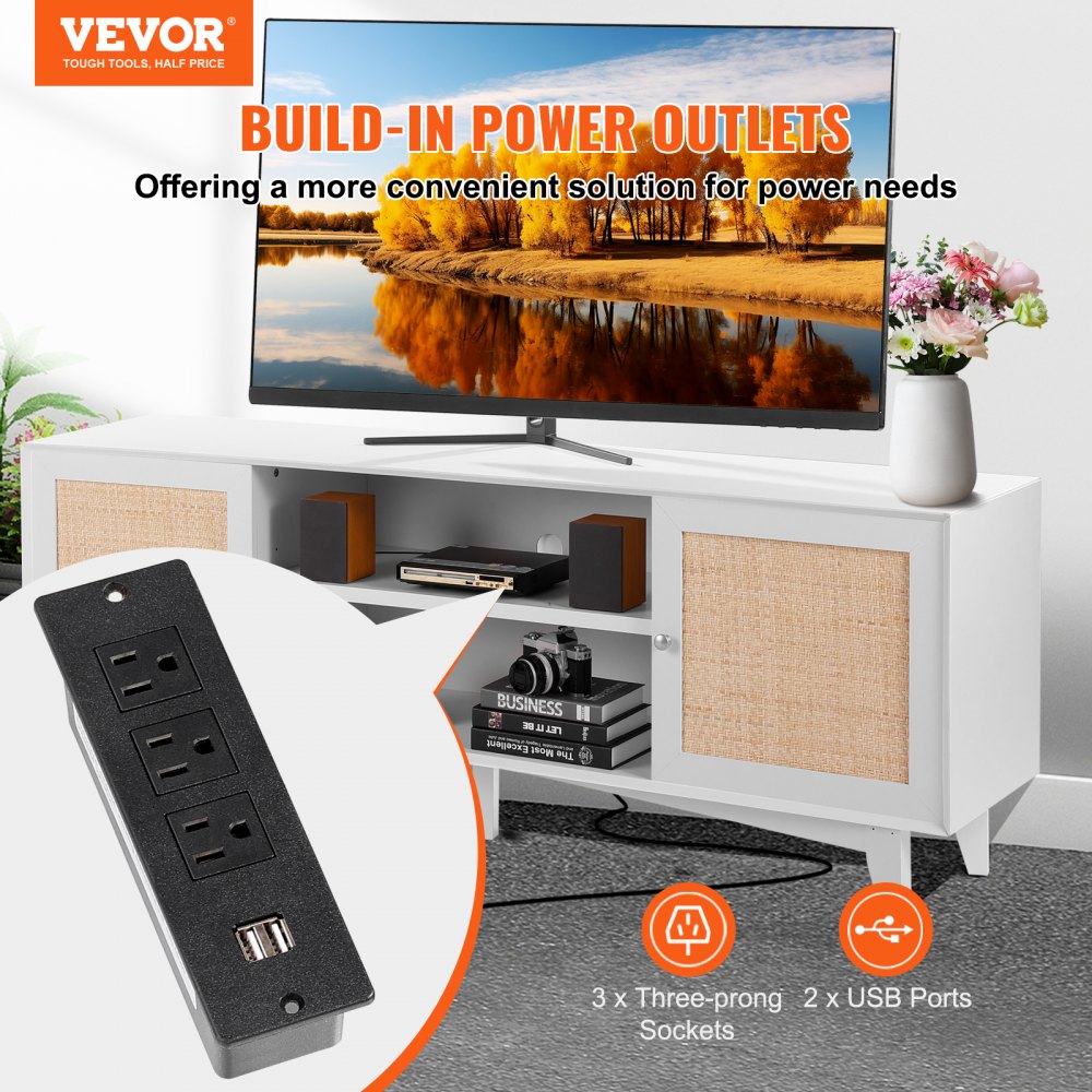 VEVOR Rattan TV Stand for 75" TV Boho TV Stand with Build-in Socket ...