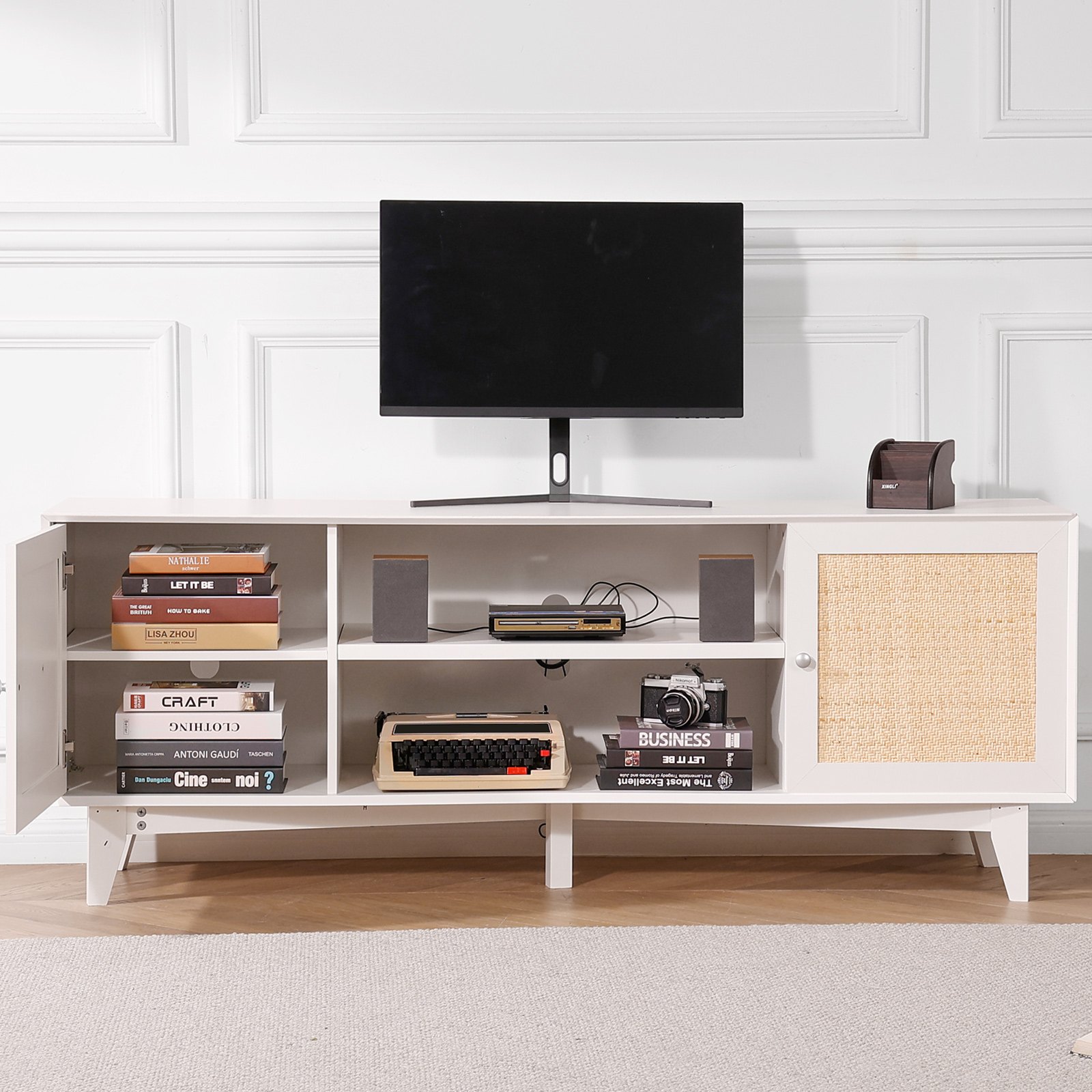 VEVOR Rattan TV Stand for 75in TV, Boho TV Stand with Rattan Door ...