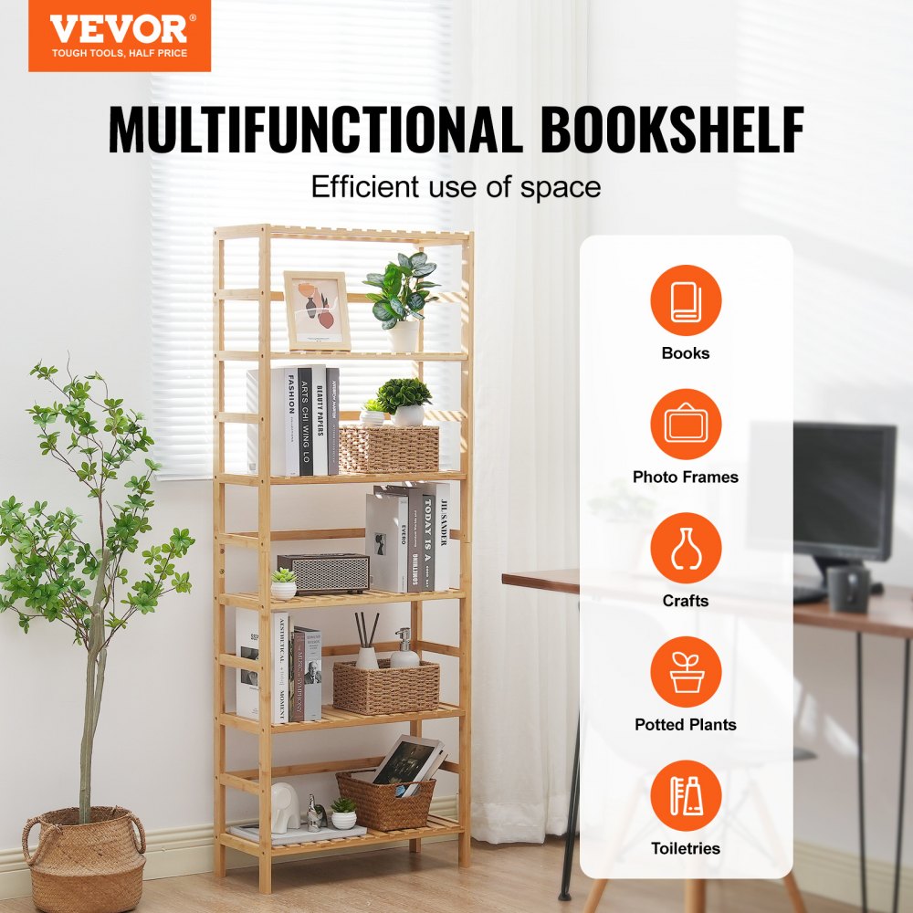 VEVOR 6-Tier Bamboo Shelf, Rattan Shelf, Open Wood Bookshelf, Display ...