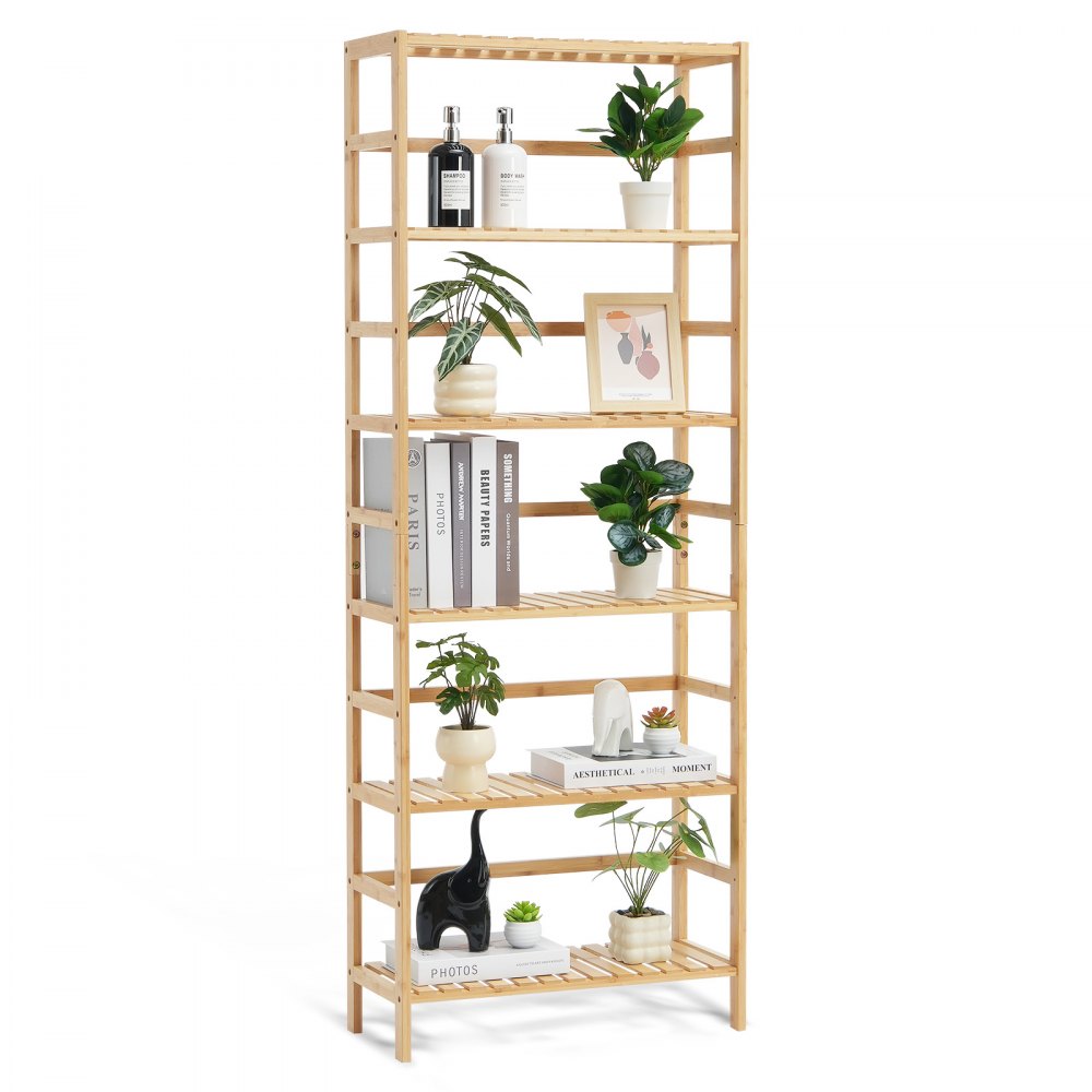 VEVOR 6-Tier Bamboo Shelf, Rattan Shelf, Open Wood Bookshelf, Display ...