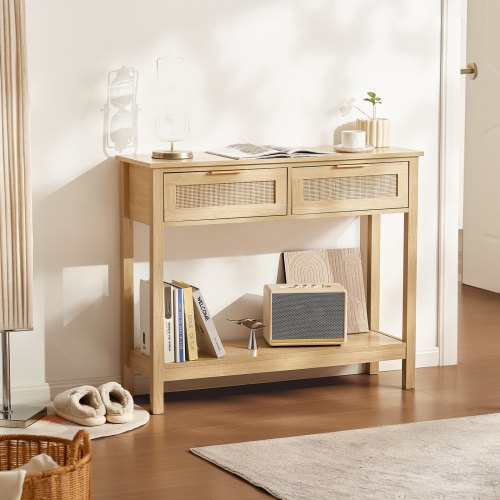 VEVOR Rattan Console Table with 2 Storage Drawers Rattan 39.37x11.61x32 ...