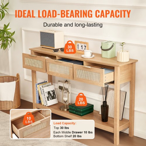 VEVOR Rattan Console Table with 3 Storage Drawers, Rattan Entryway ...