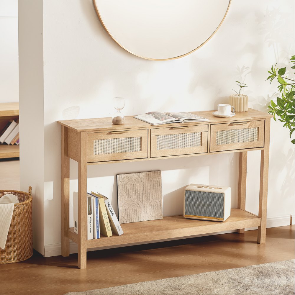 Vevor Rattan Console Table With 3 Storage Drawers Rattan Sliding Door