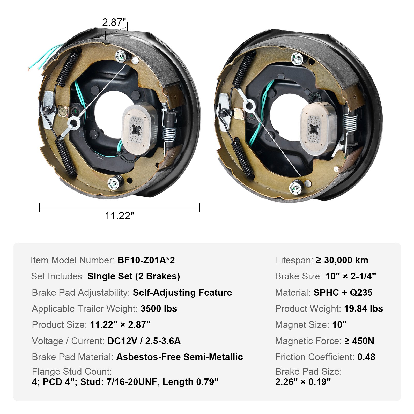 VEVOR Electric Trailer Brake Assembly, 10" x 2-1/4", 1 Pair Self ...