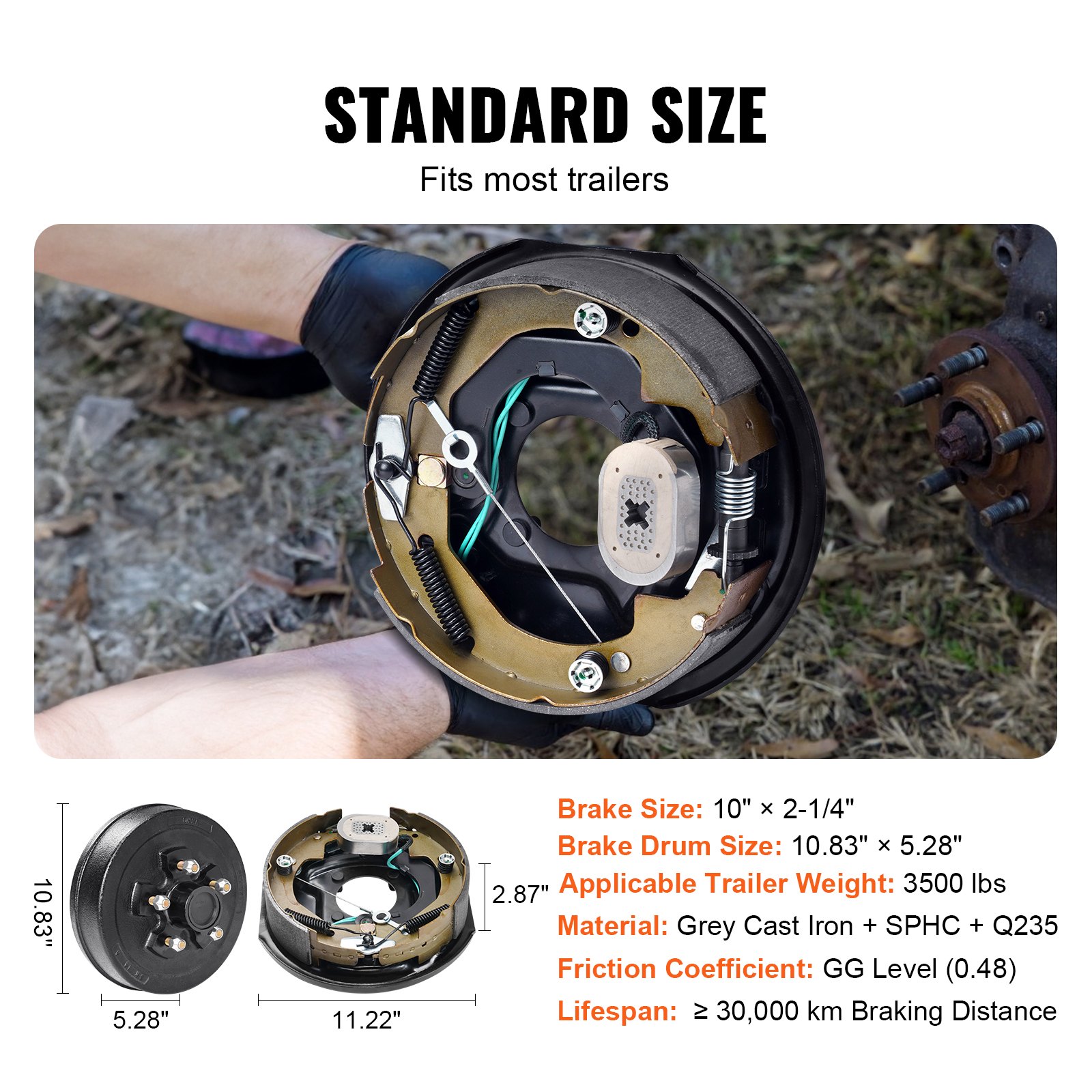 VEVOR Trailer Hub Drum Kits 5 on 4.5" B.C. with 10" x 2-1/4" Electric ...