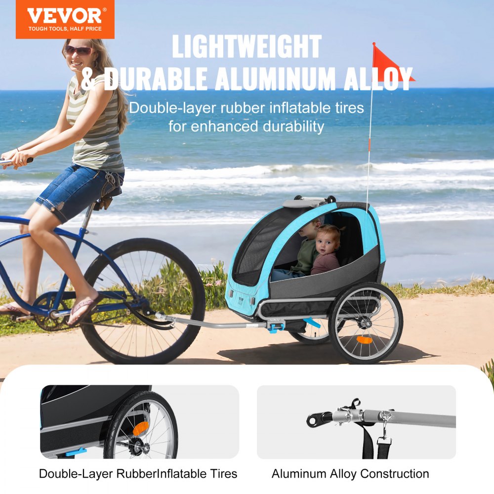 VEVOR Bike Trailer for Toddlers, Kids, Double Seat, 110 lbs Load, Tow ...