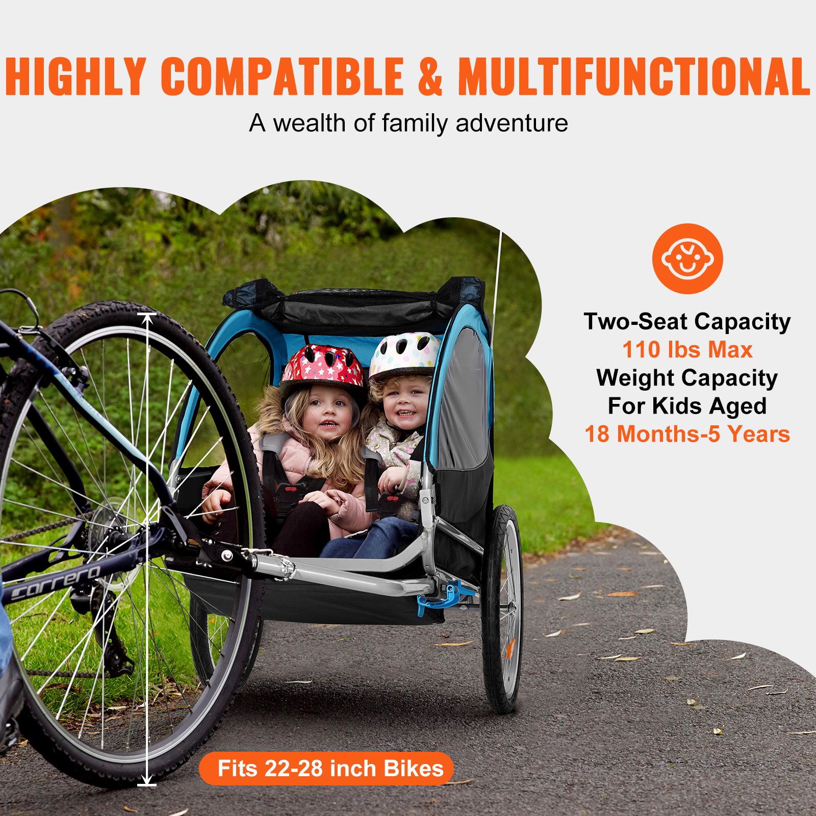 VEVOR Bike Trailer for Toddlers, Kids, Double Seat, 110 lbs Load, Tow ...