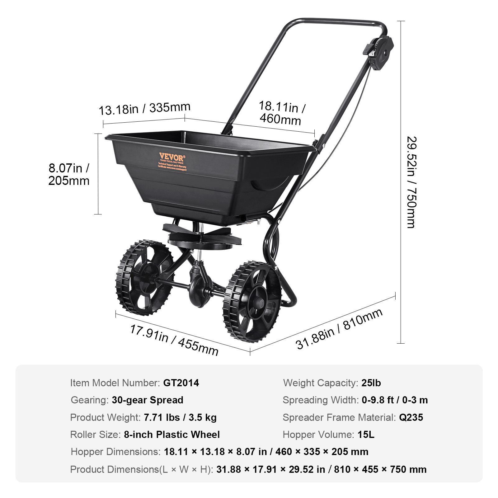 VEVOR Broadcast Spreader, 25 LB Walk-Behind Turf Spreader with 8 ...