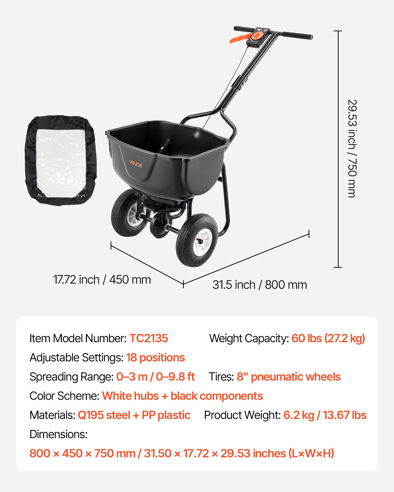 VEVOR Broadcast Spreader, 60LBS Capacity, Walk-Behind Push Spreader, 0 ...
