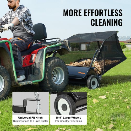 VEVOR Tow Behind Lawn Sweeper, 44 in Pull Behind Lawn Sweeper, 25 cu ...