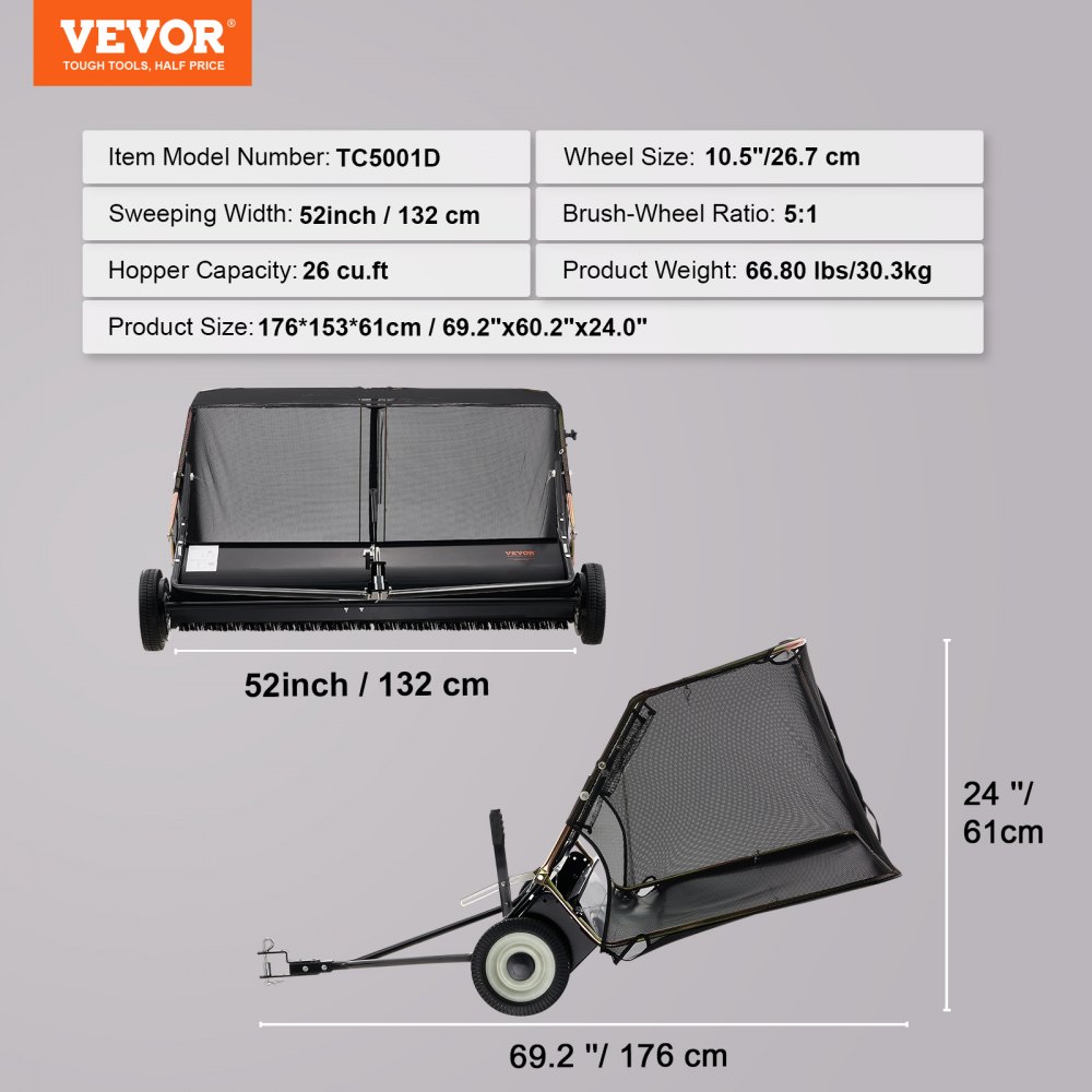 VEVOR 52 Inch Lawn Sweeper Tow Behind, 26 cu.ft. Large Pull Behind ...