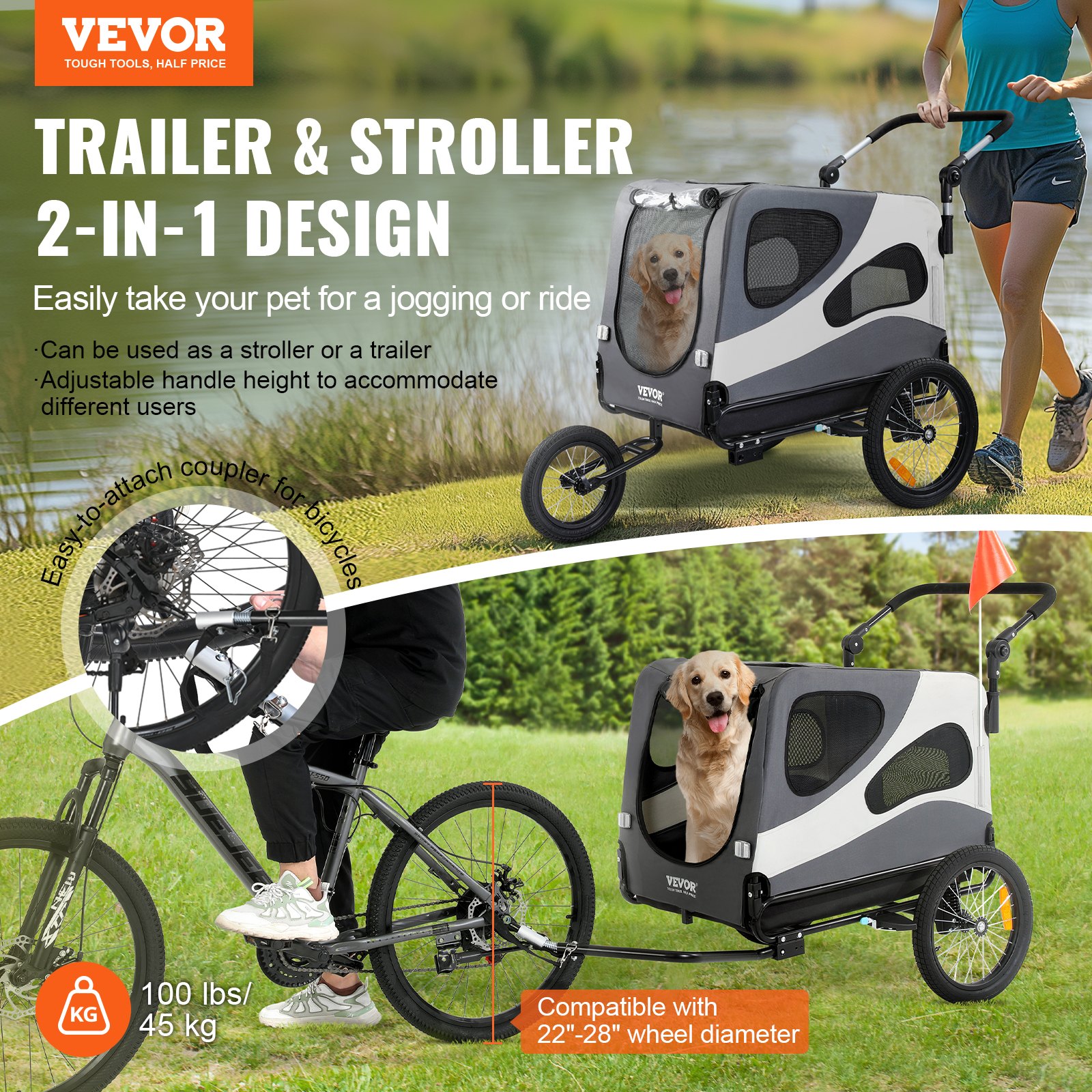 VEVOR Dog Bike Trailer, Supports up to 100 lbs, 2-in-1 Pet Stroller ...