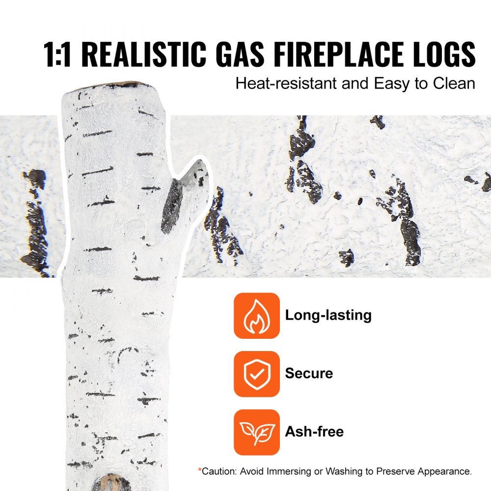 VEVOR 6 Pcs Large Withe Birch Logs, Gas Fireplace Ceramic Logs for Fire ...
