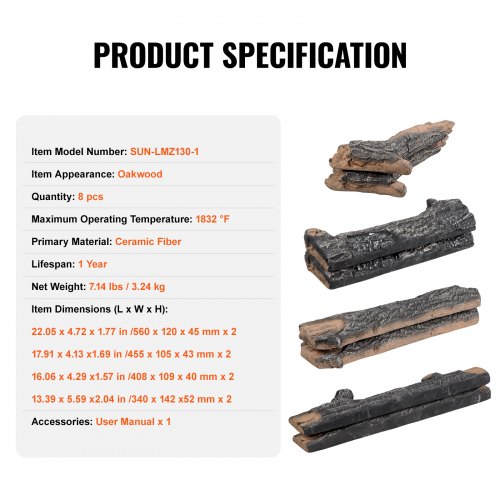 VEVOR 8 Pcs Oak Logs, Gas Fireplace Ceramic Logs for Fire place, Heat ...
