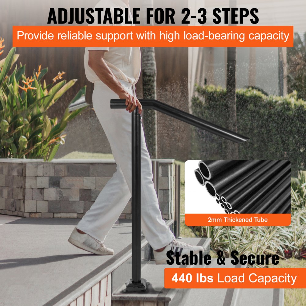 VEVOR 3Ft Step Railing, Iron Stair Handrail Floor Mounted Sturdy Black ...