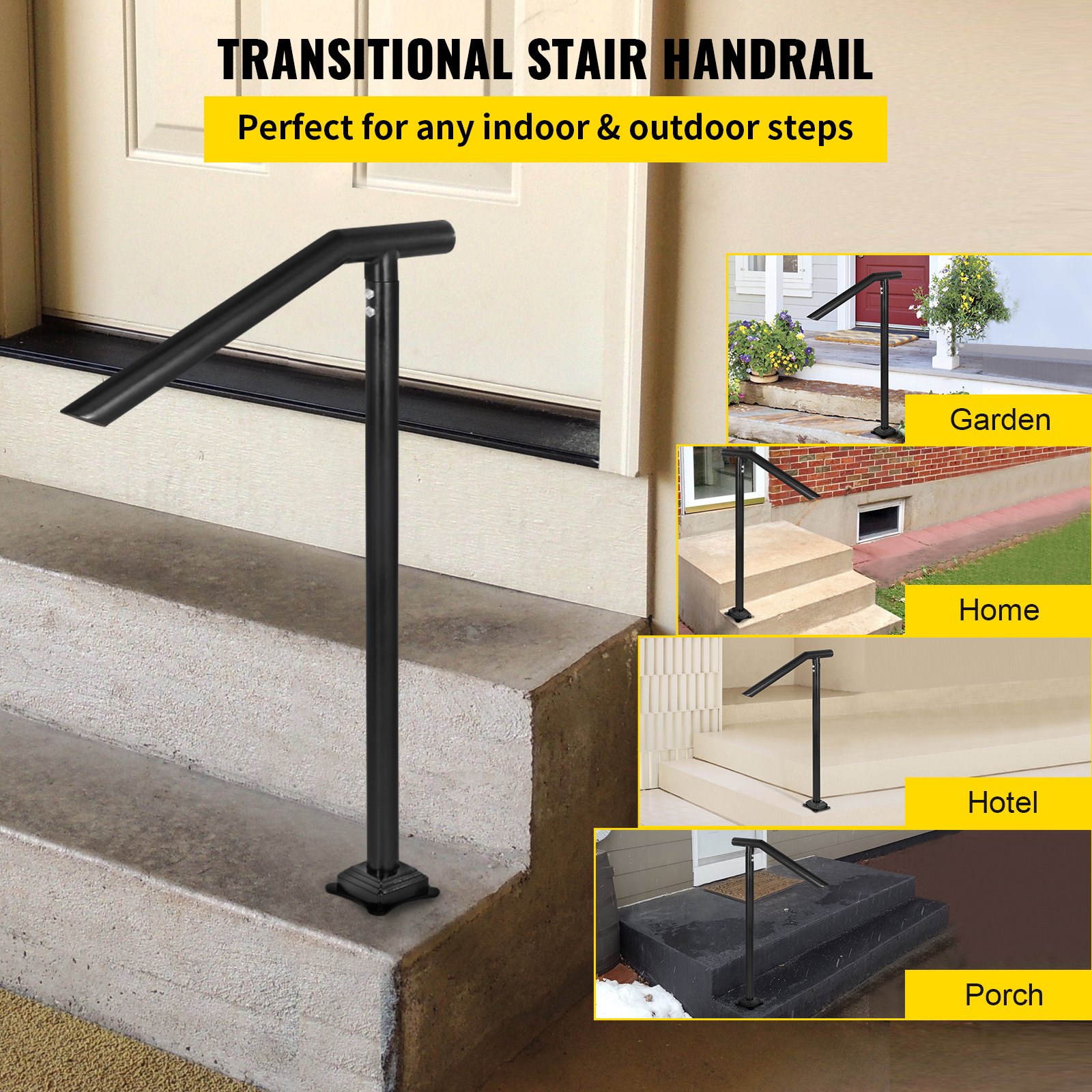 VEVOR 3Ft Step Railing, Iron Stair Handrail Floor Mounted Sturdy Black ...