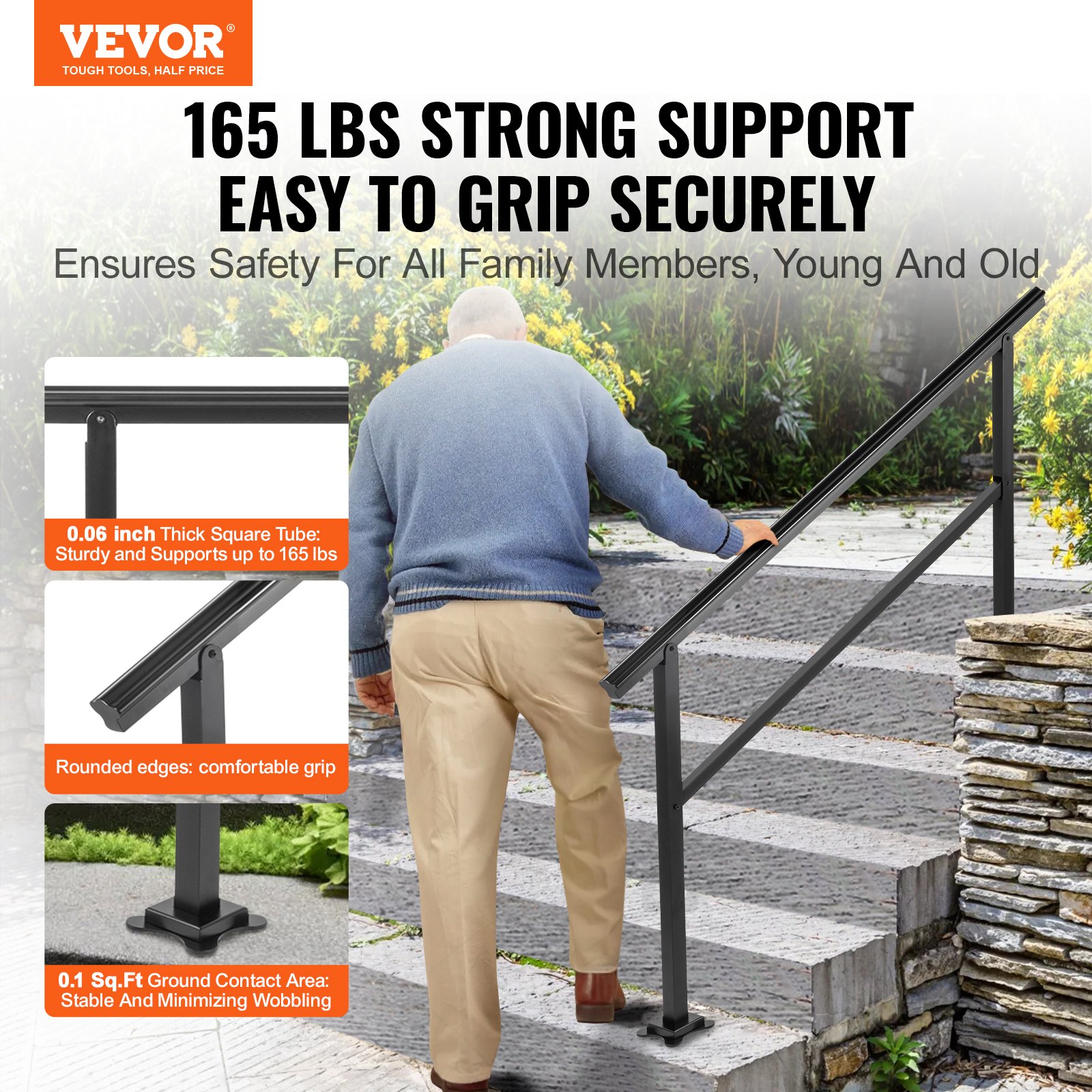 VEVOR Outdoor Handrail 165LBS Load Handrail Outdoor Stairs Aluminum ...