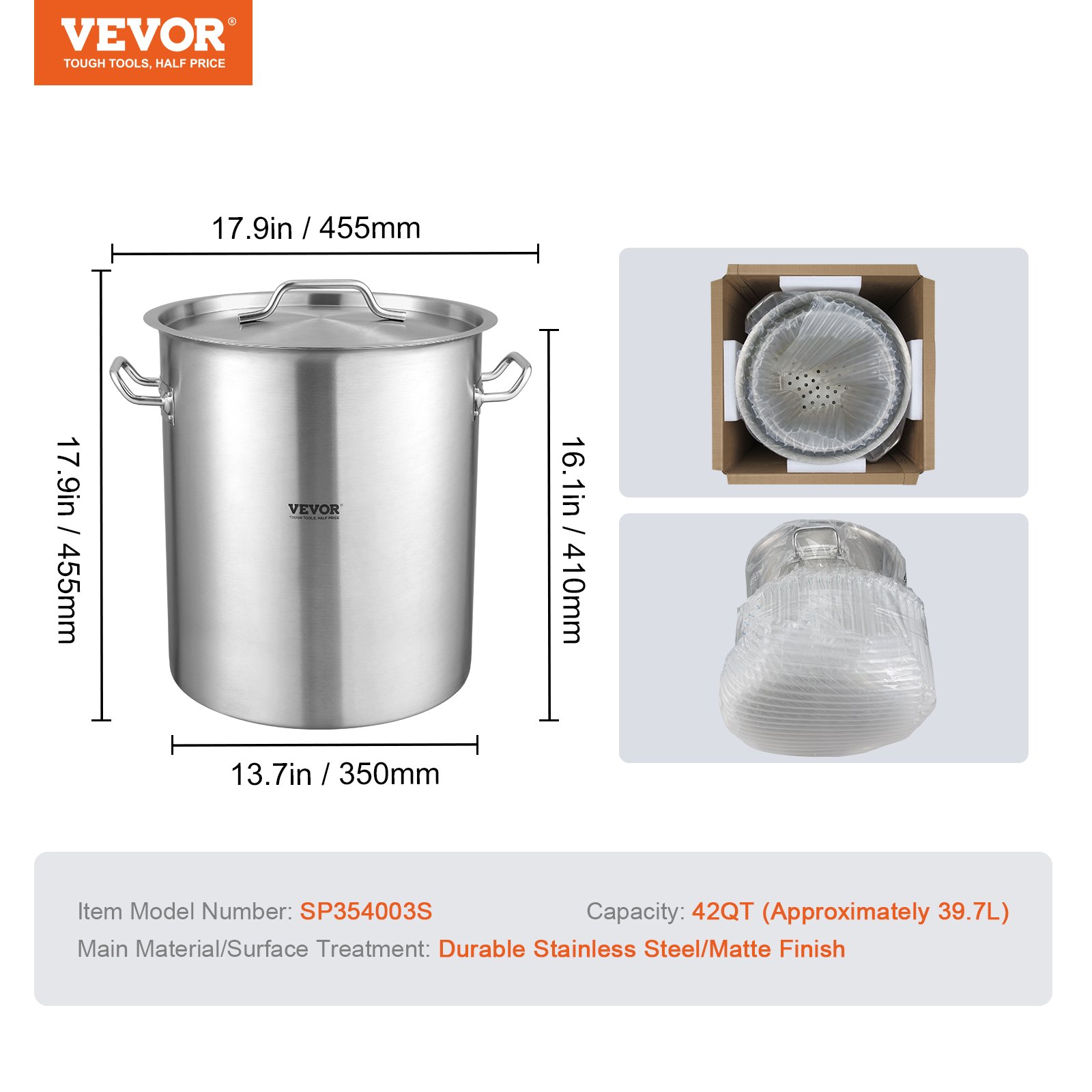 VEVOR Stainless Steel Stockpot 42qt Cooking Kitchen Sauce Pot with ...