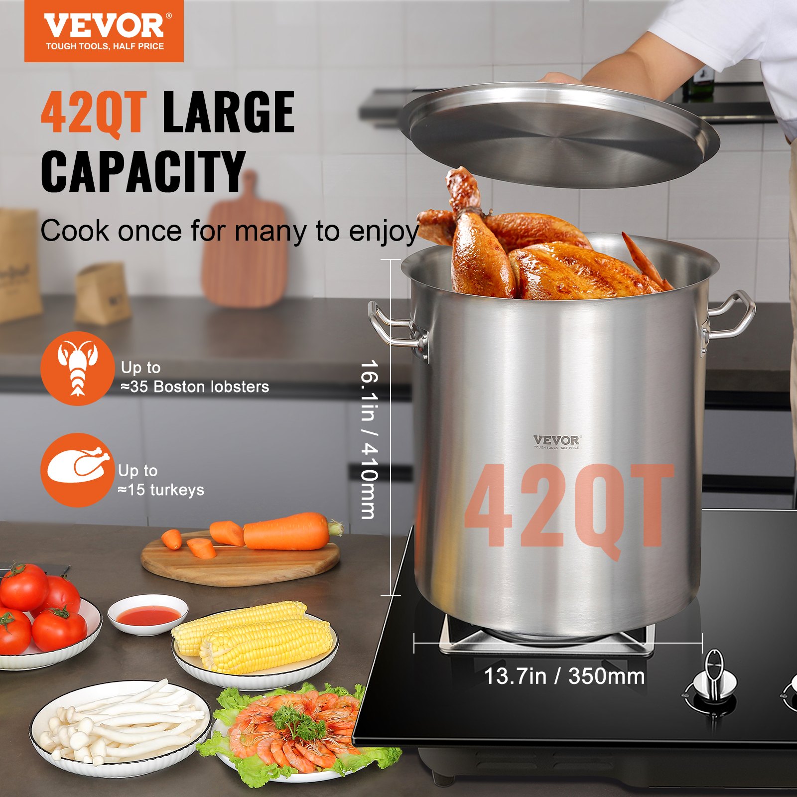 VEVOR Stainless Steel Stockpot, 42 Quart Large Cooking Pots, Cookware ...