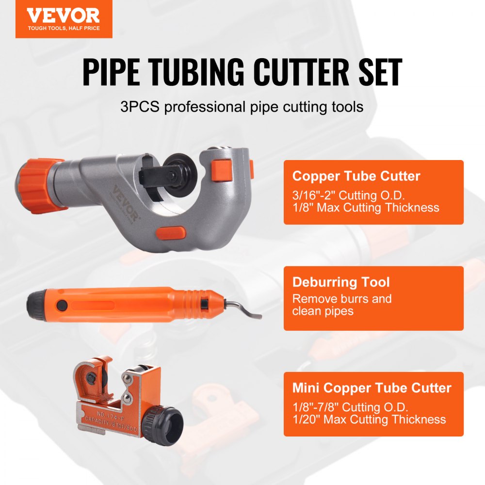 VEVOR 3PCS Tubing Cutter Set, 3/16"-2" O.D. Copper Pipe Cutter, 1/8"-7/ ...