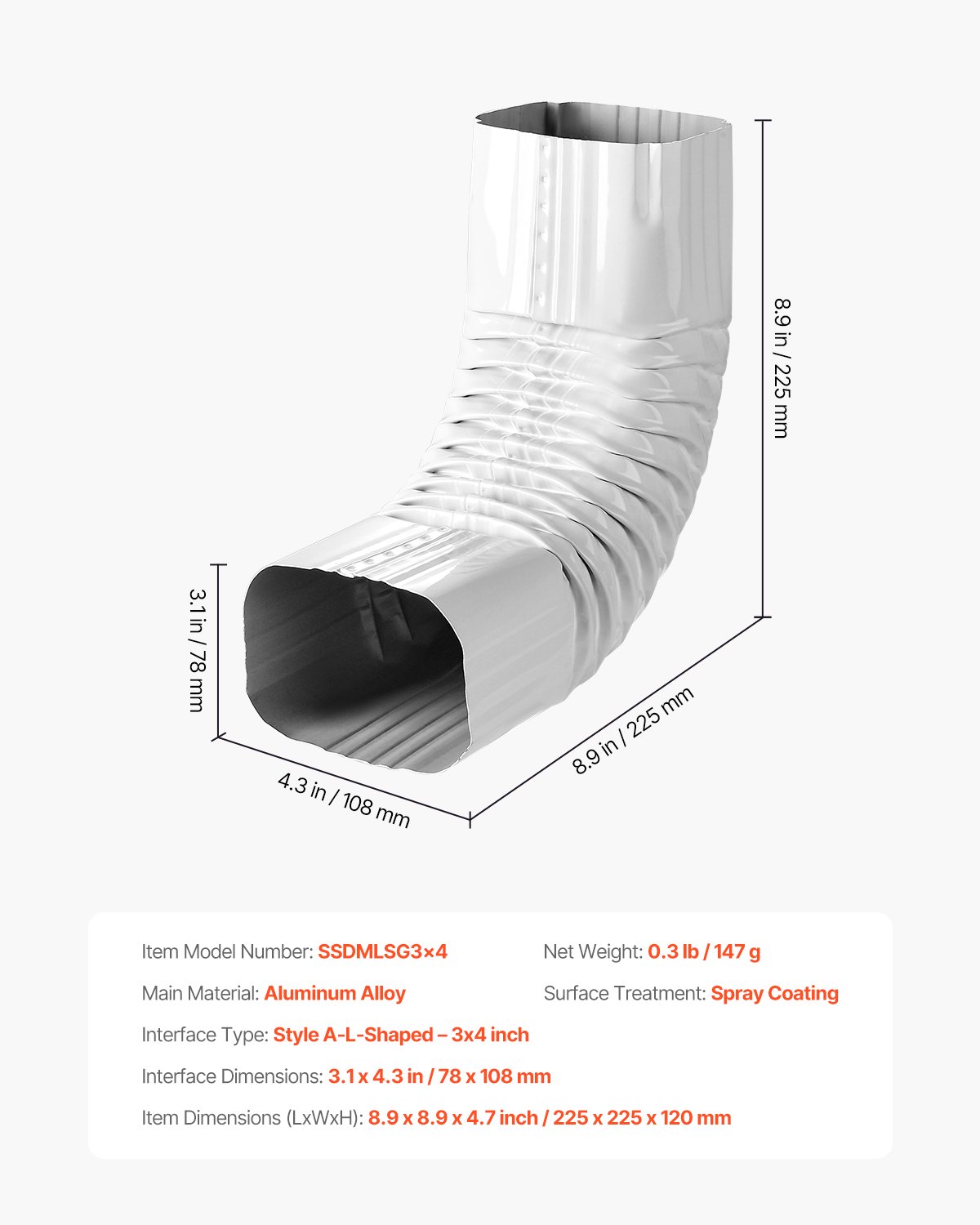 VEVOR 90 Degree Downspout Elbow — 3x4 Inch Aluminum Gutter