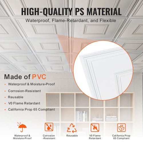 VEVOR Ceiling Tiles, 12-Pack 24 x 24 in, Drop Ceiling Tiles Premium PVC ...