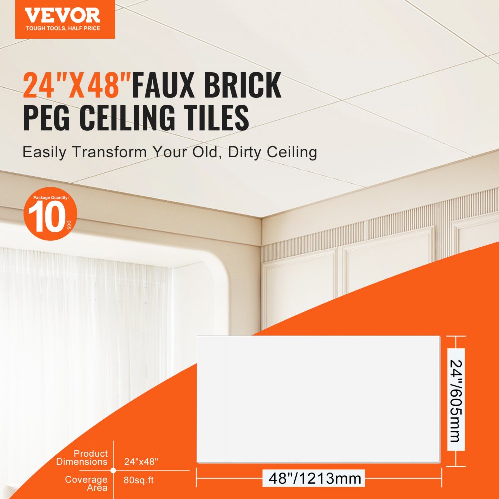 VEVOR Ceiling Tiles 10-Pack 24 x 48 in PVC Foam Fire-Rated Smooth White ...
