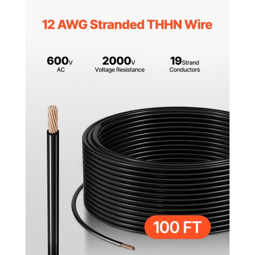 12 AWG THHN Wire 19-Stranded Black Copper Building Wire Nylon Jacket ...