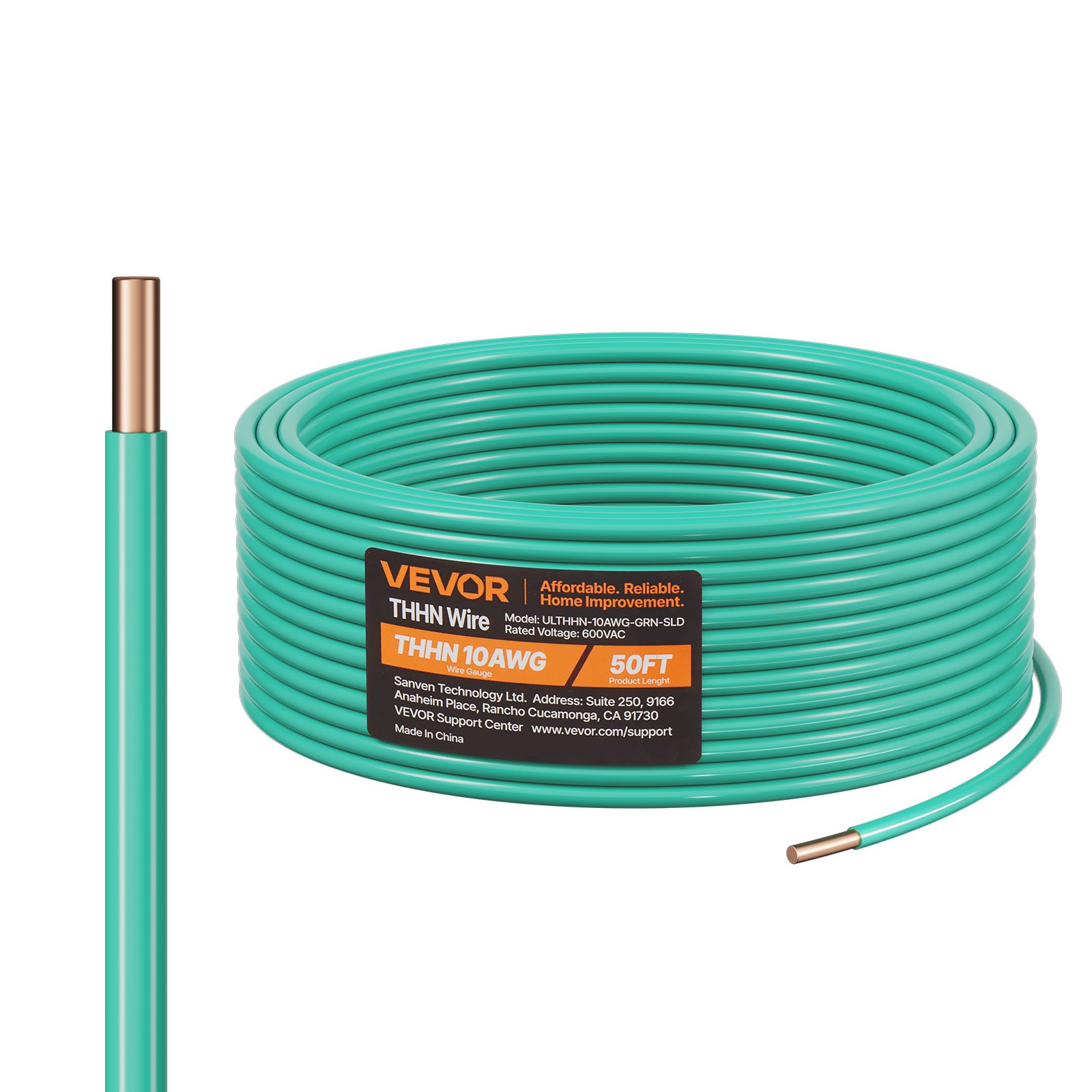 VEVOR THHN 10 AWG Wire – 50ft Green Copper, 600V, 90°C